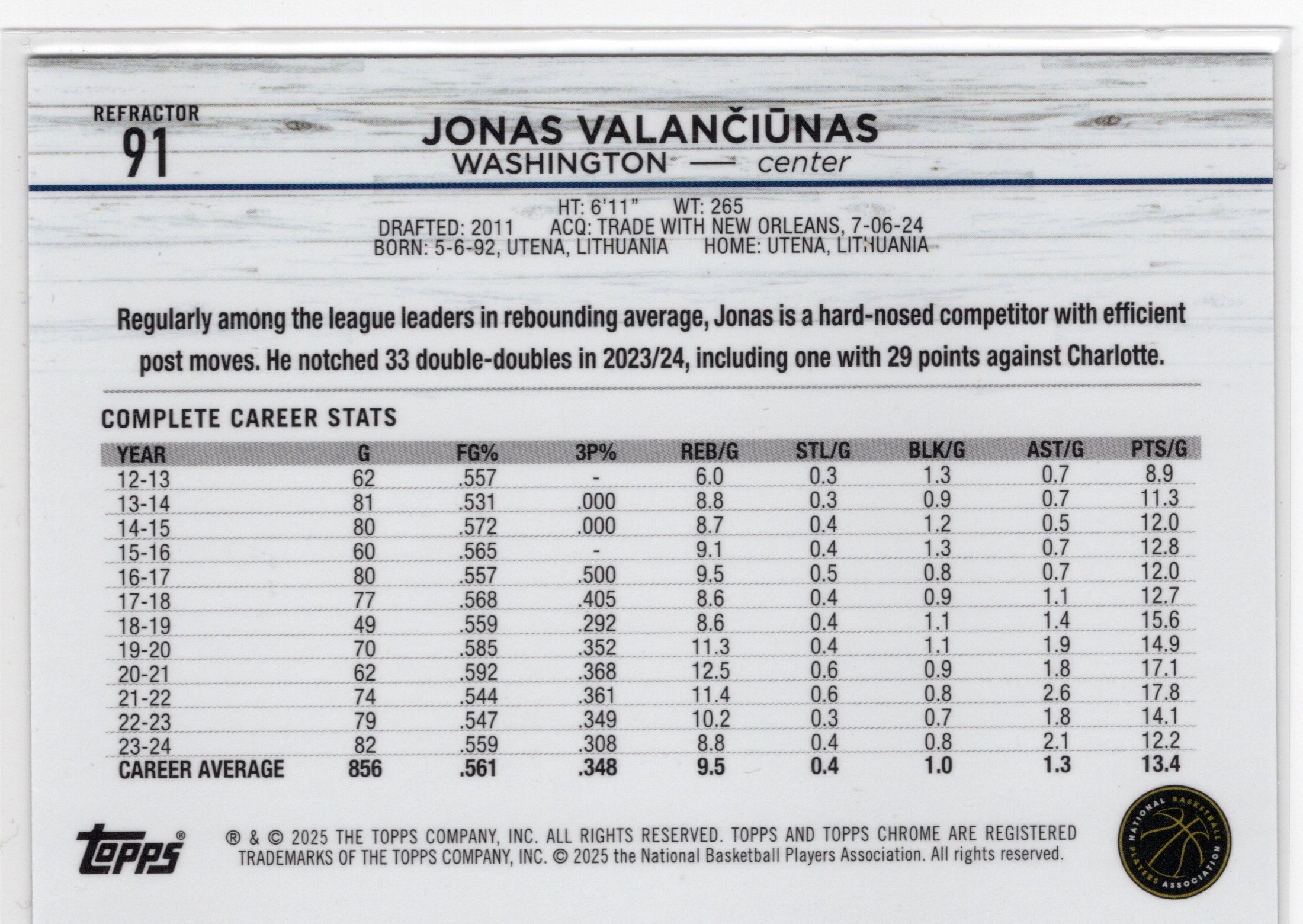 2024-25 Topps Chrome Refractor #91 Jonas Valanciunas – Euro Elite Cards