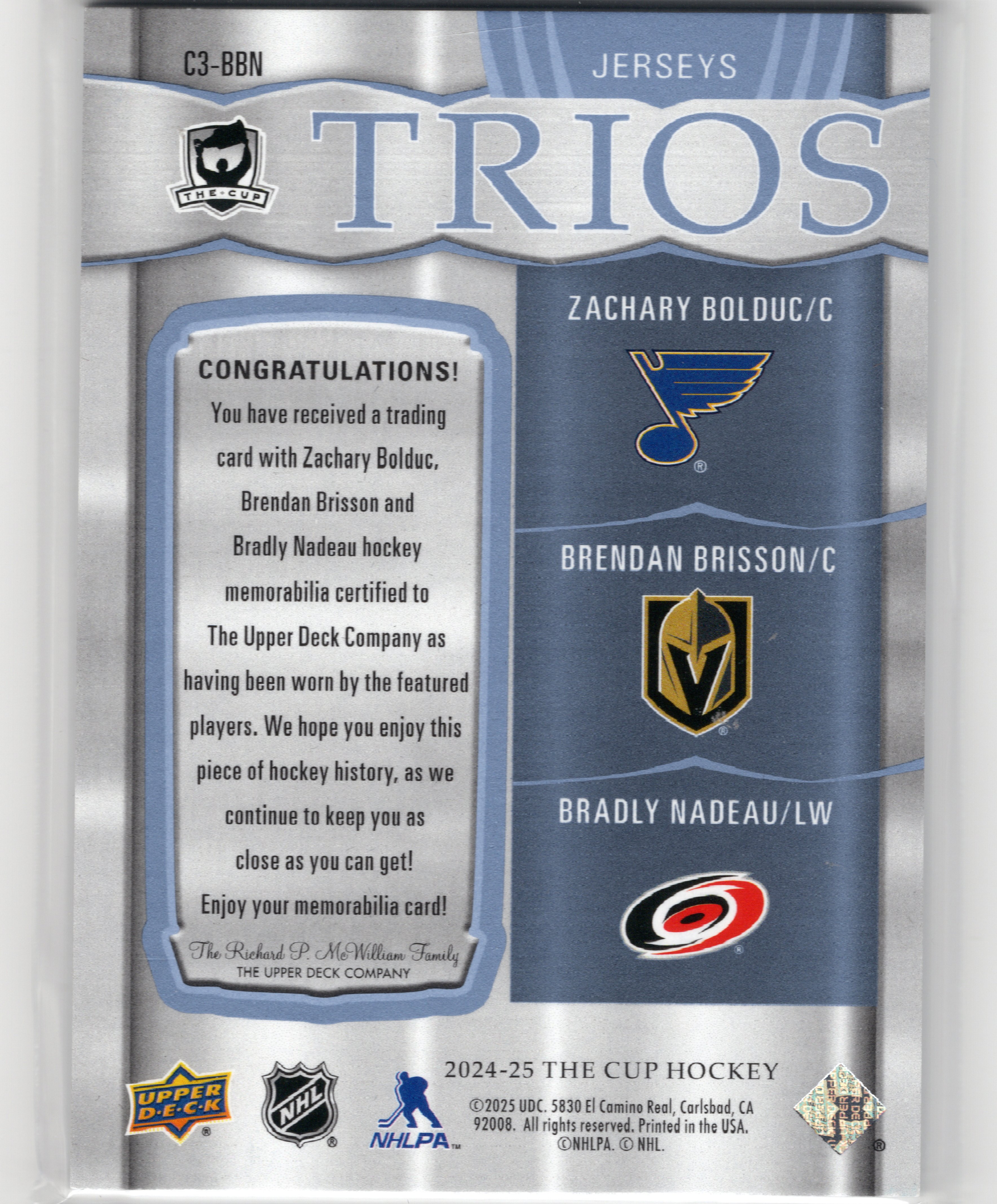 2024-25 Upper Deck The Cup Cup Trios Jersey #C3BBN Zachary Bolduc ...