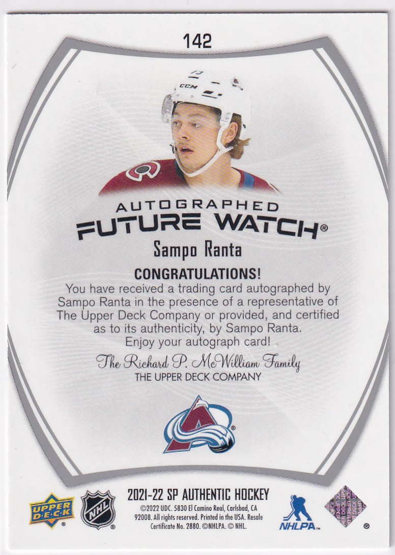 2021-22 SP Authentic #142 Sampo Ranta FW AU/949* RC – Euro Elite Cards