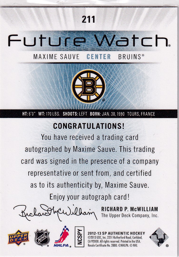 2012-13 SP Authentic #211 Maxime Sauve AU RC /999 – Euro Elite Cards