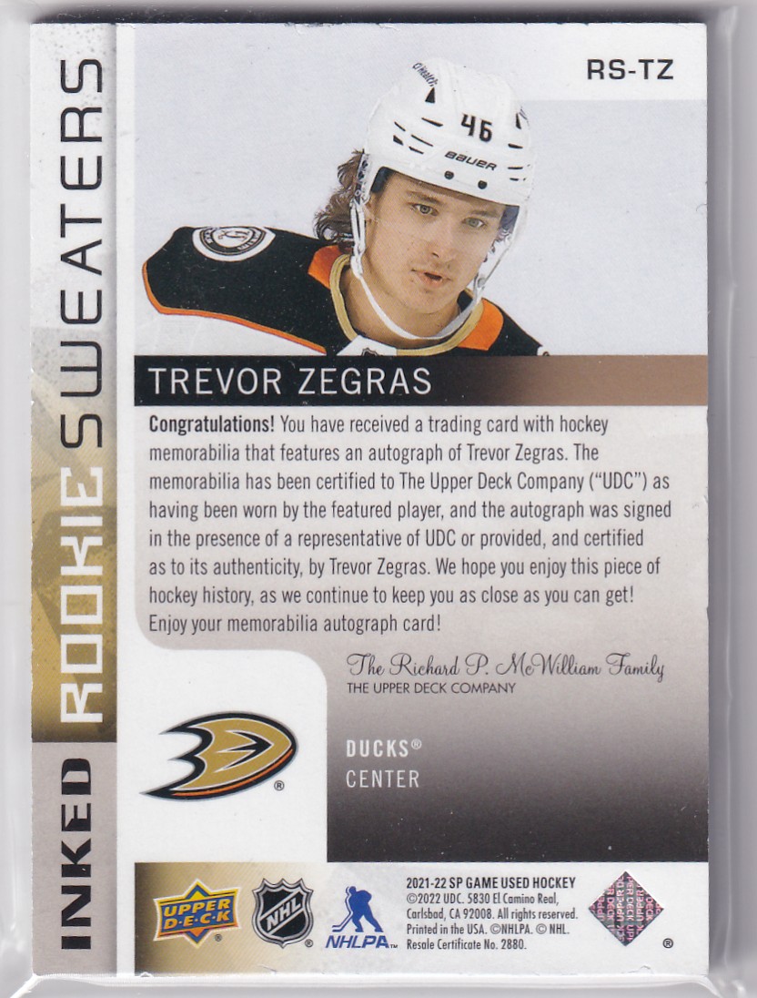 2021-22 SP Game Used Inked Rookie Sweaters Patch #RSTZ Trevor Zegras/49 – Euro Elite Cards
